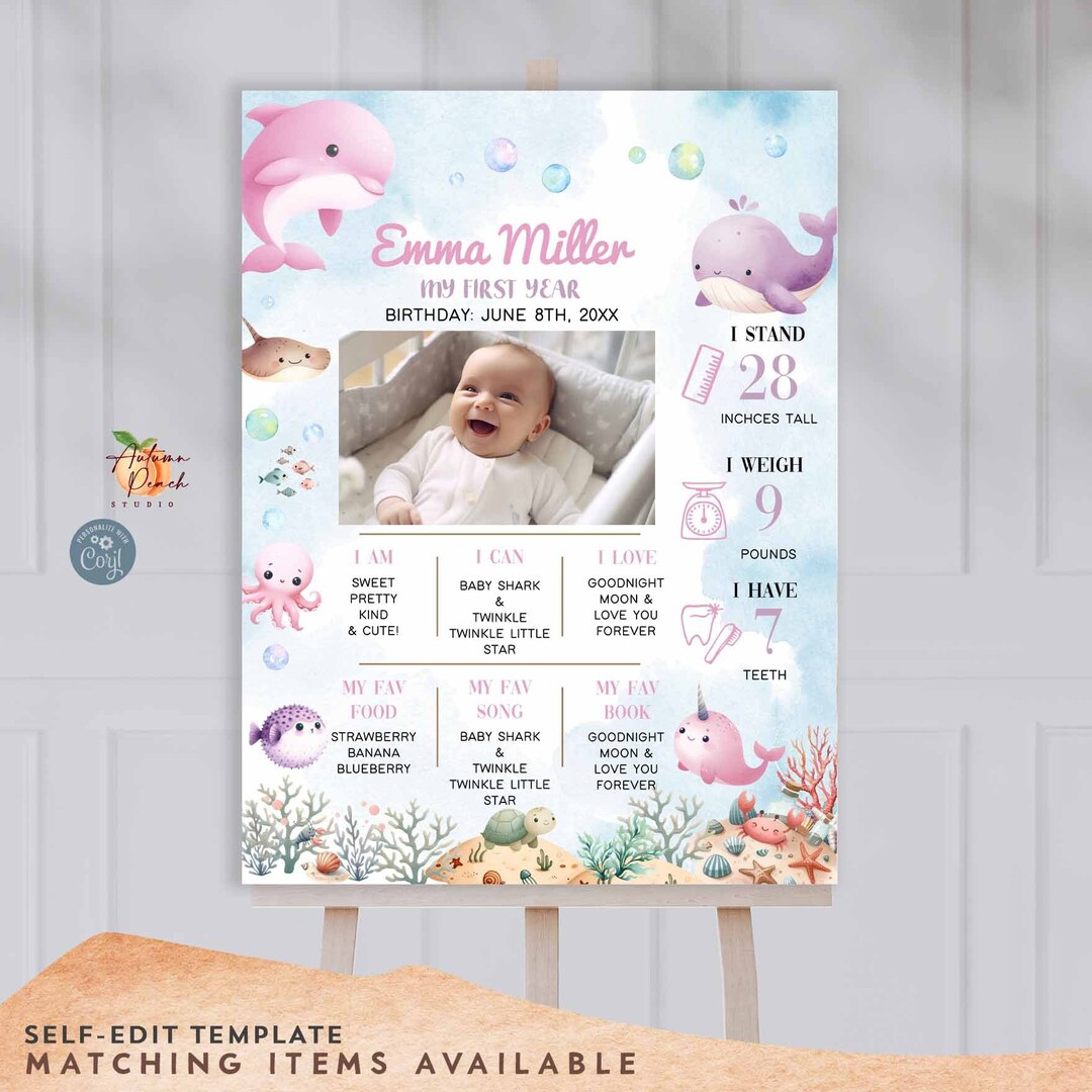 Editable Girl Under the Sea Sea Animals Whale Dolphin Narwhal Birthday ...