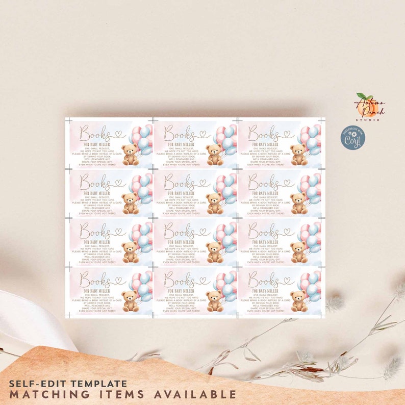 Editable Teddy Bear Balloon Pink Blue Books Insert Card Books for Baby ...