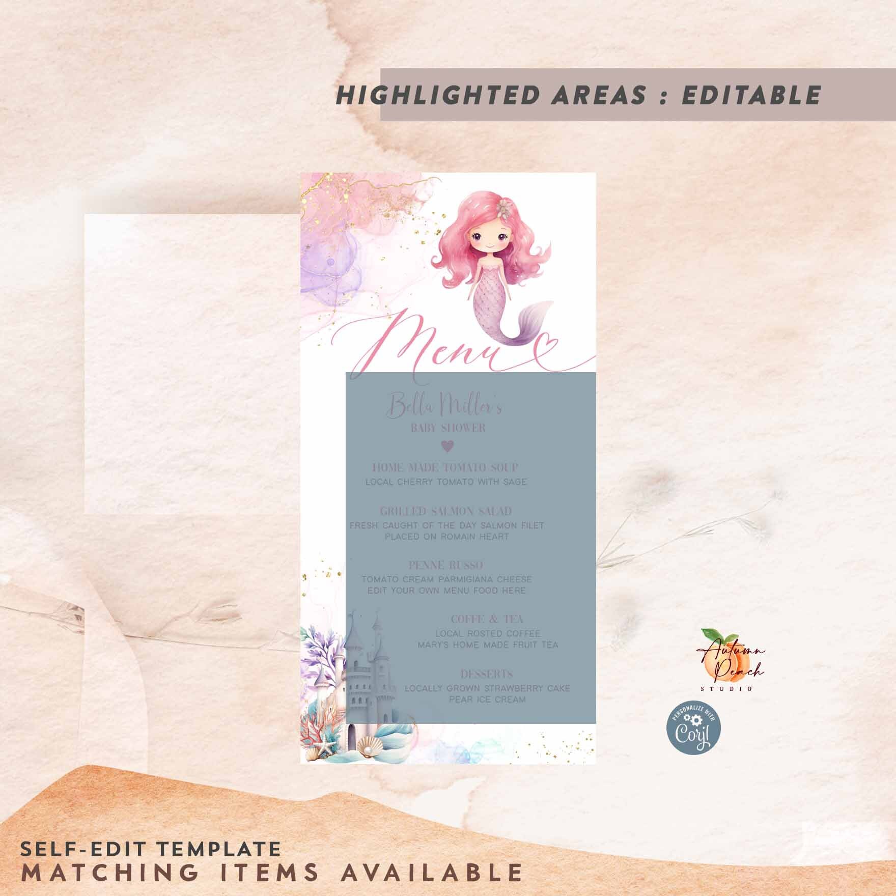 Editable Menu Pink Girl Little Mermaid Under the Sea Castle - Etsy