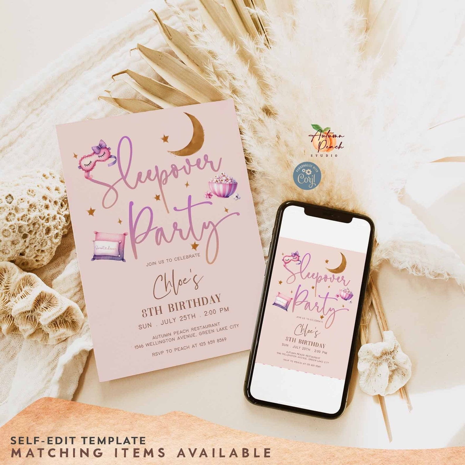 Editable Pink Purple Sleepover Party Birthday Girl Birthday Eye Mask ...