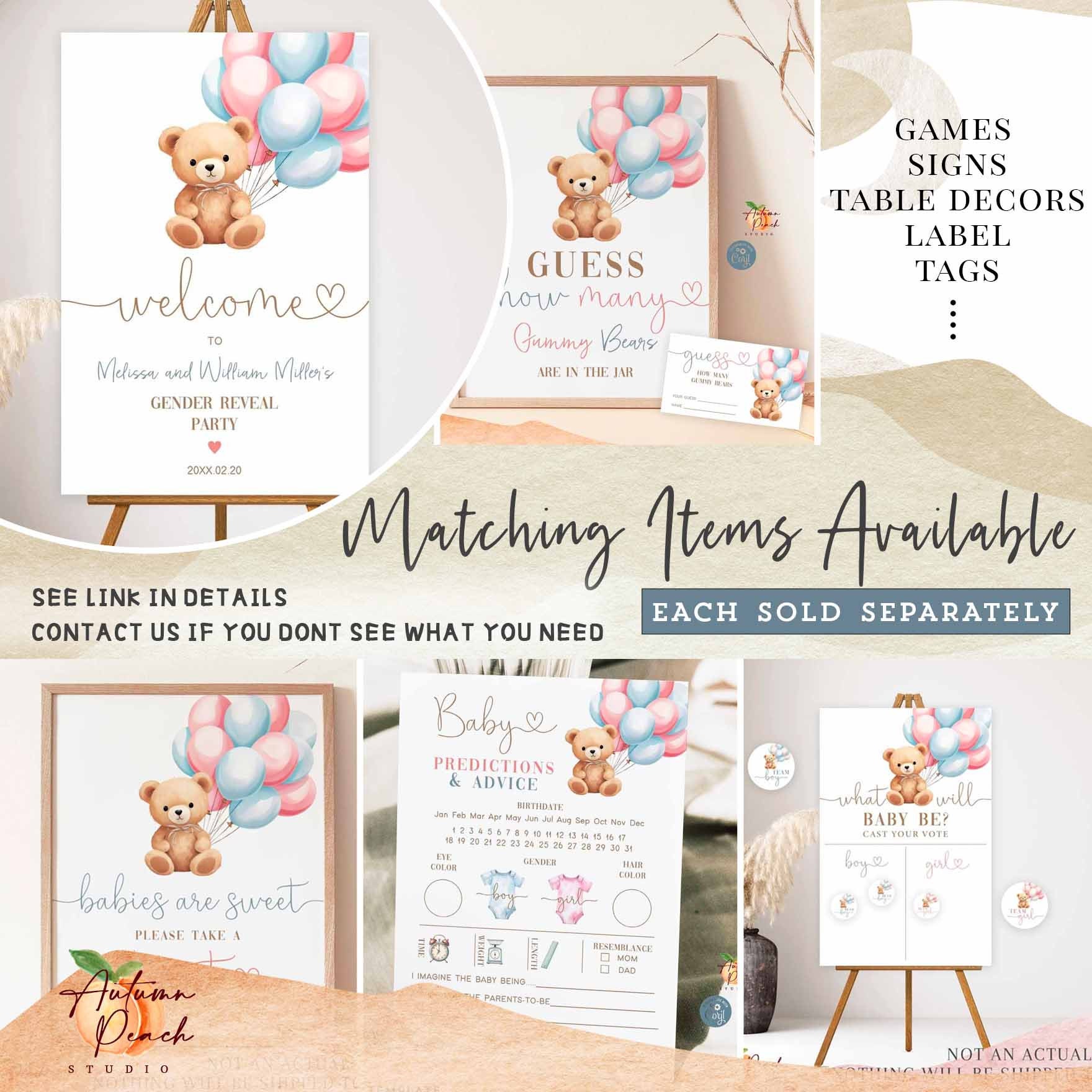 Blue Pink Teddy Bear Balloon Dummy Hunt Game Sign Baby Shower Gender ...