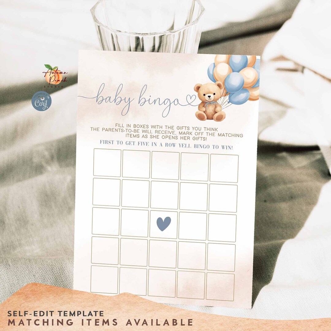 Editable Dusty Blue Beige Boy Teddy Bear Balloon Baby Bingo Game Baby ...