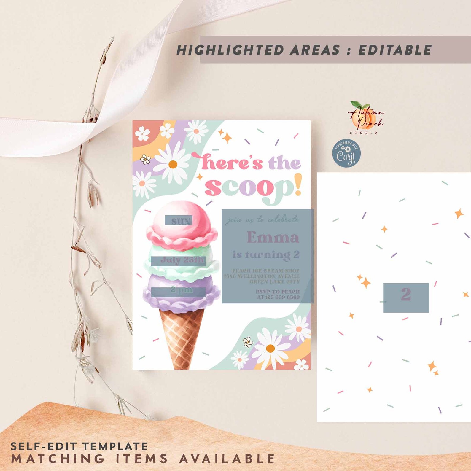 Editable Heres the Scoop Rainbow Groovy Boho Daisy Ice Cream Girl ...