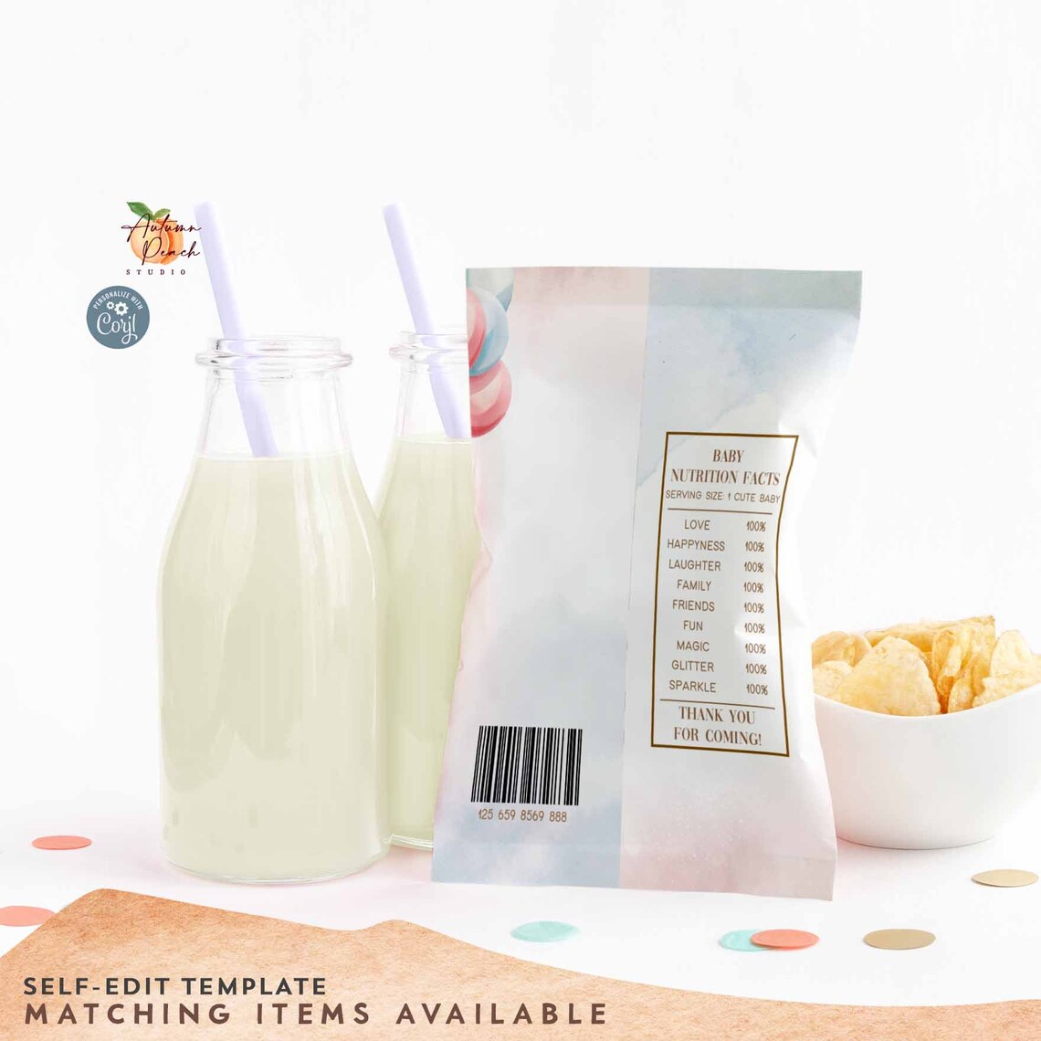 Editable Teddy Bear Balloon Blue Pink Chip Bag Label Baby Shower Gender ...