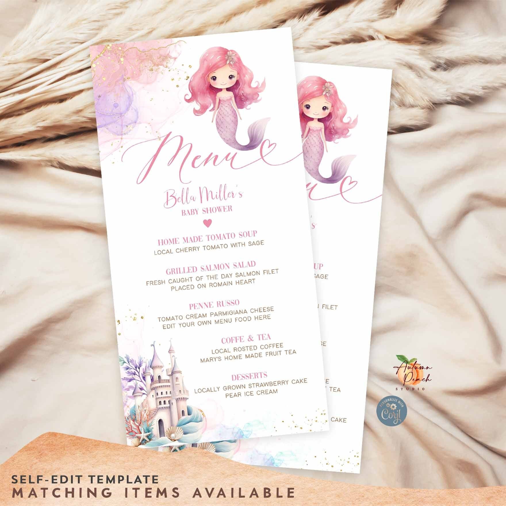 Editable Menu Pink Girl Little Mermaid Under the Sea Castle - Etsy