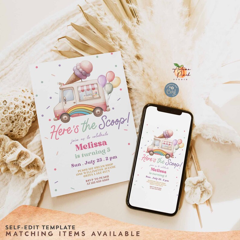 Editable Heres the Scoop Rainbow Ice Cream Truck Girl Sweet Ice Cream ...
