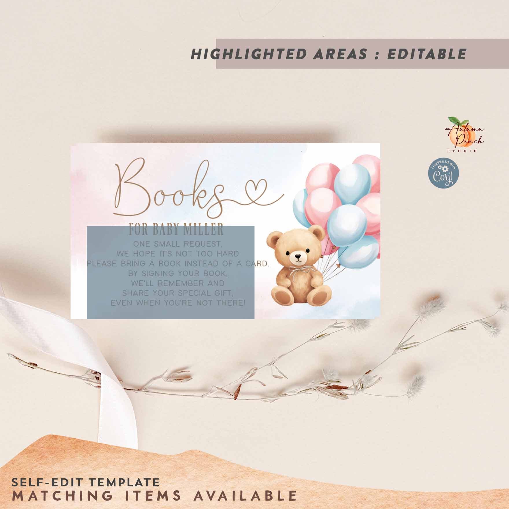 Editable Teddy Bear Balloon Pink Blue Books Insert Card Books for Baby ...