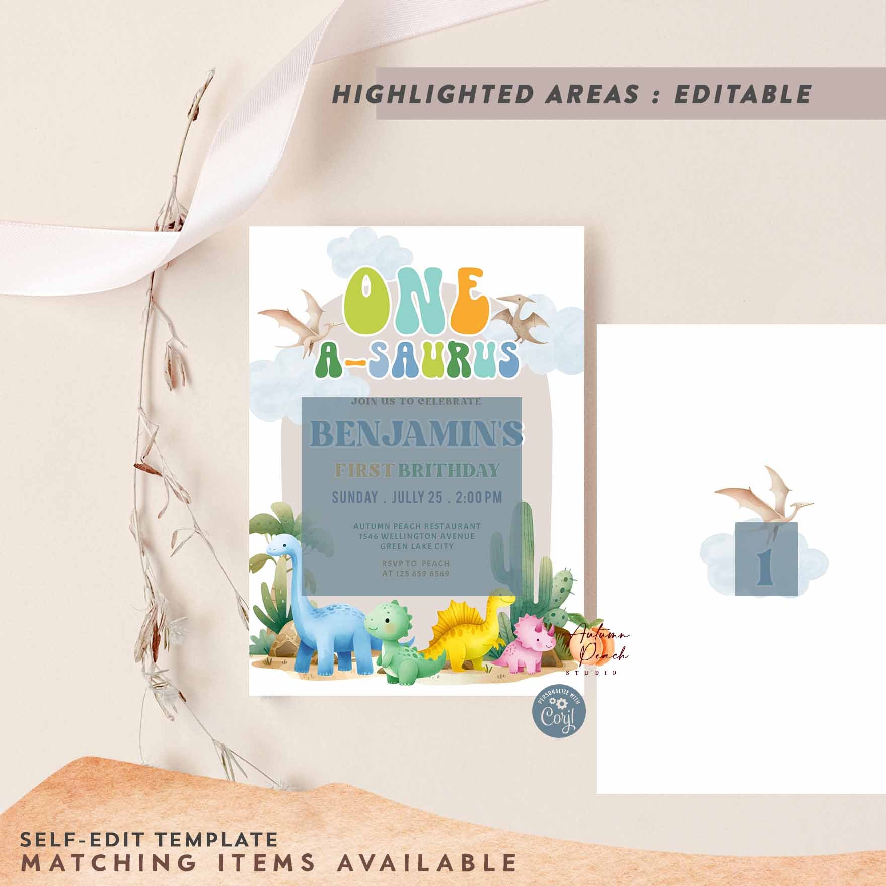 Editable First Birthday ONE A-saurus 1st Birthday Invitation Dino ...