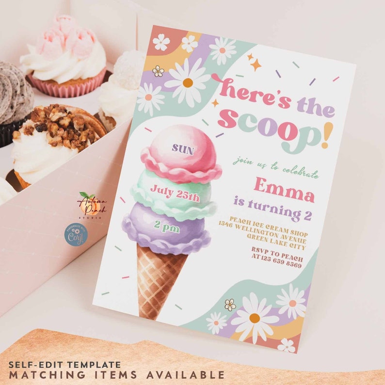 Editable Heres the Scoop Rainbow Groovy Boho Daisy Ice Cream Girl ...