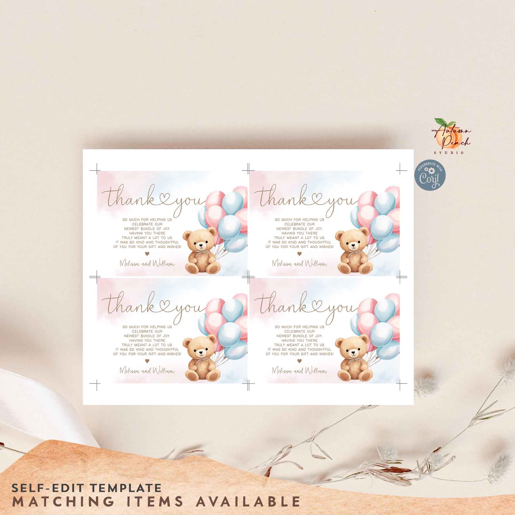 Editable Teddy Bear Balloon Blue Pink Cream Thank You Flat Card Baby ...