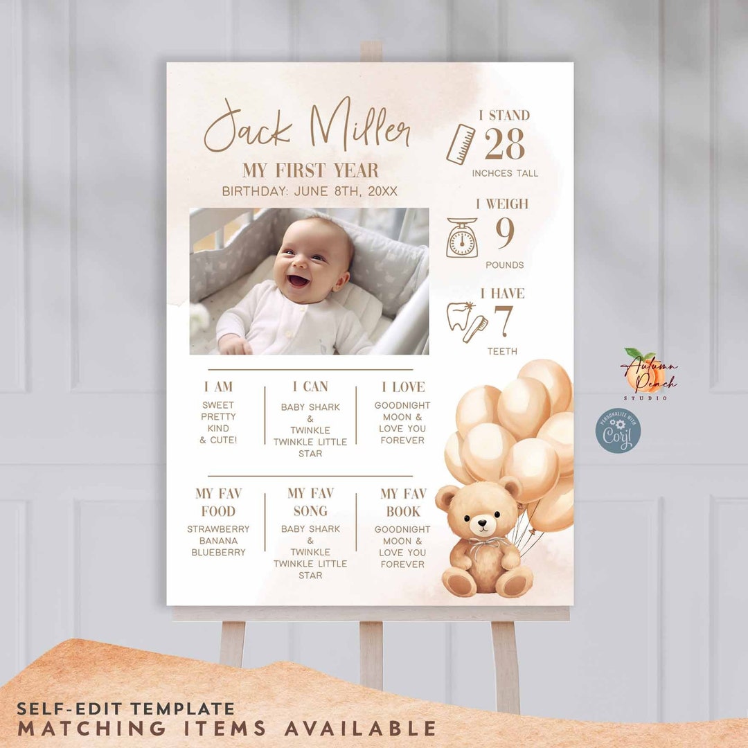 Editable Teddy Bear Balloon Beige Cream Birthday Milestone Poster ...