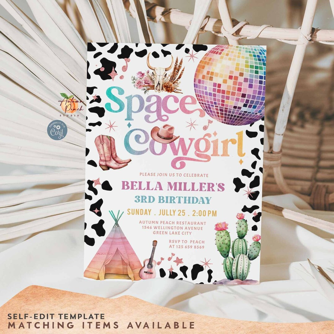 Editable Space Cowgirl Birthday Party Invitation Rainbow Space Cowgirl ...