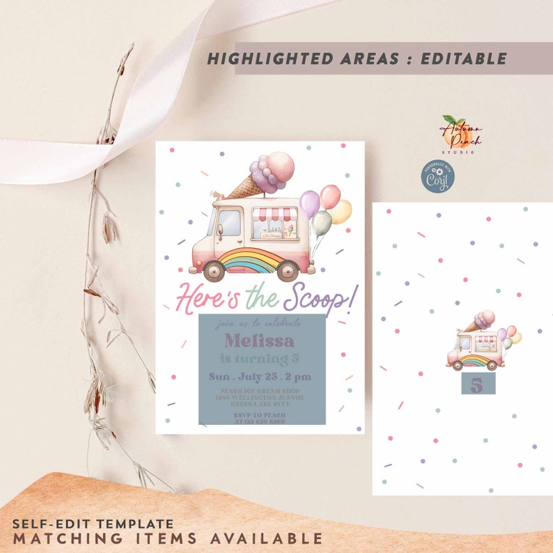 Editable Heres the Scoop Rainbow Ice Cream Truck Girl Sweet Ice Cream ...