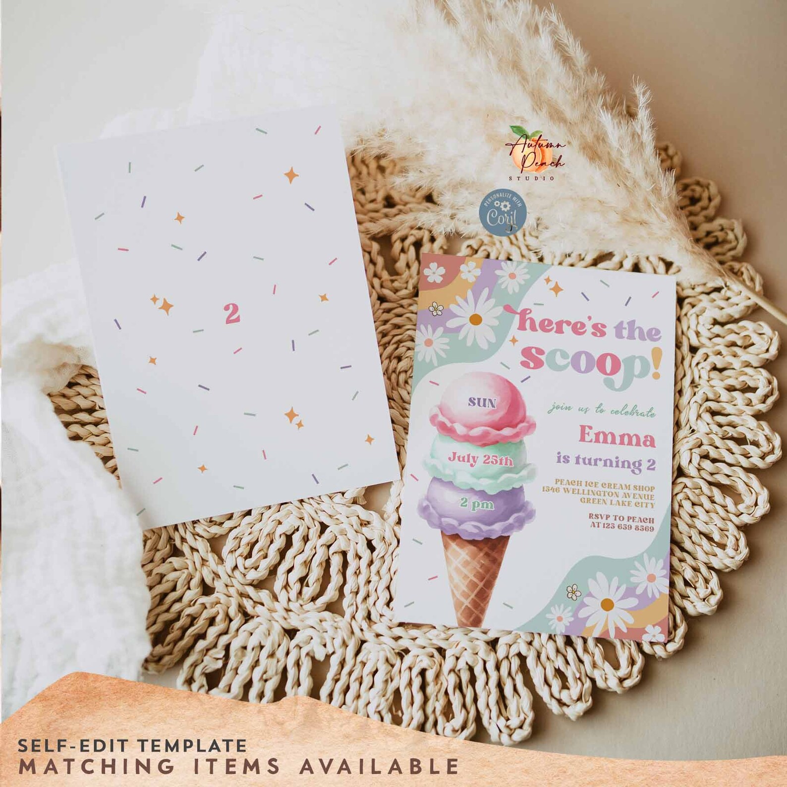 Editable Heres the Scoop Rainbow Groovy Boho Daisy Ice Cream Girl ...