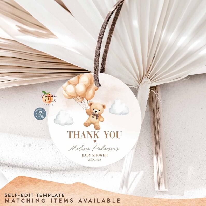 Editable Teddy Bear Balloon Beige Bearly Wait Shower Thank You Round ...