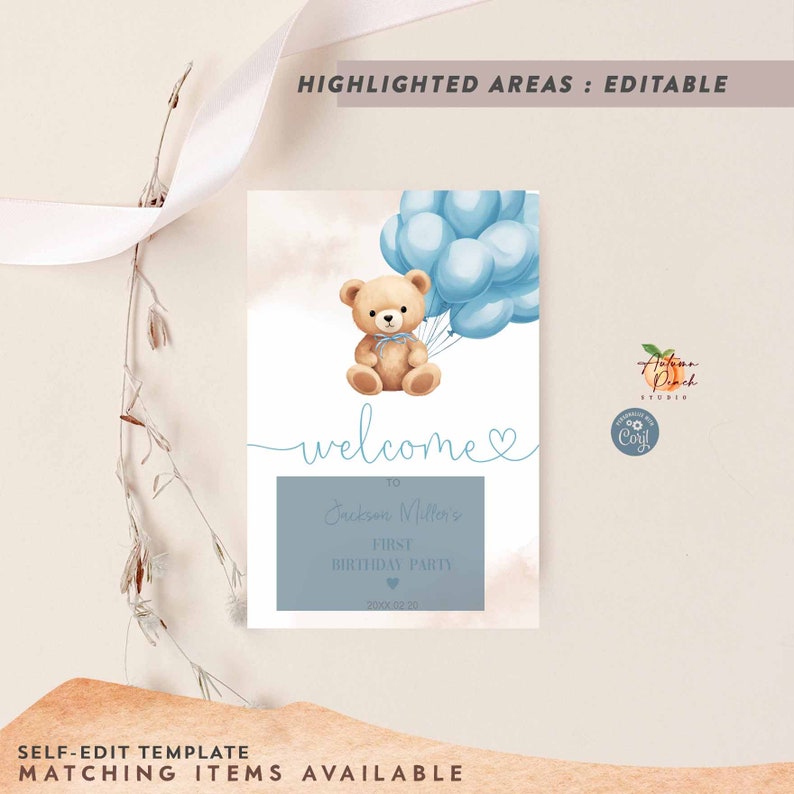Editable Teddy Bear Balloon Blue Boy Birthday Welcome Sign Shower ...