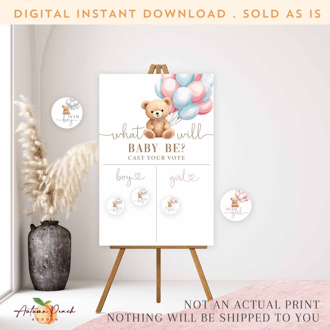 Pink Blue Boy or Girl Chart What Will Baby Be Gender Reveal Teddy Bear ...