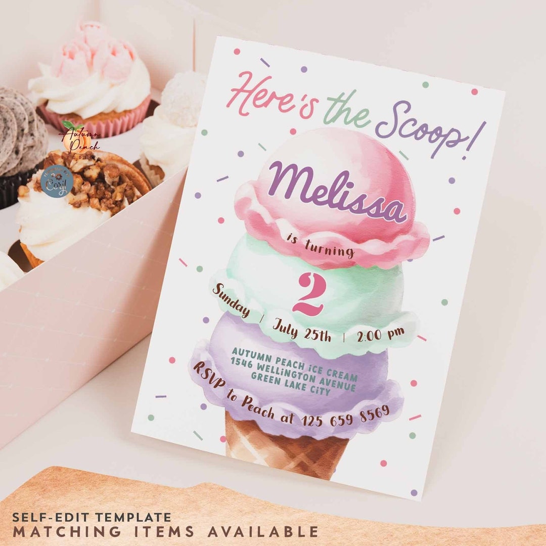 Editable Heres the Scoop ANY AGE Birthday Invite Pink Purple Mint Ice ...