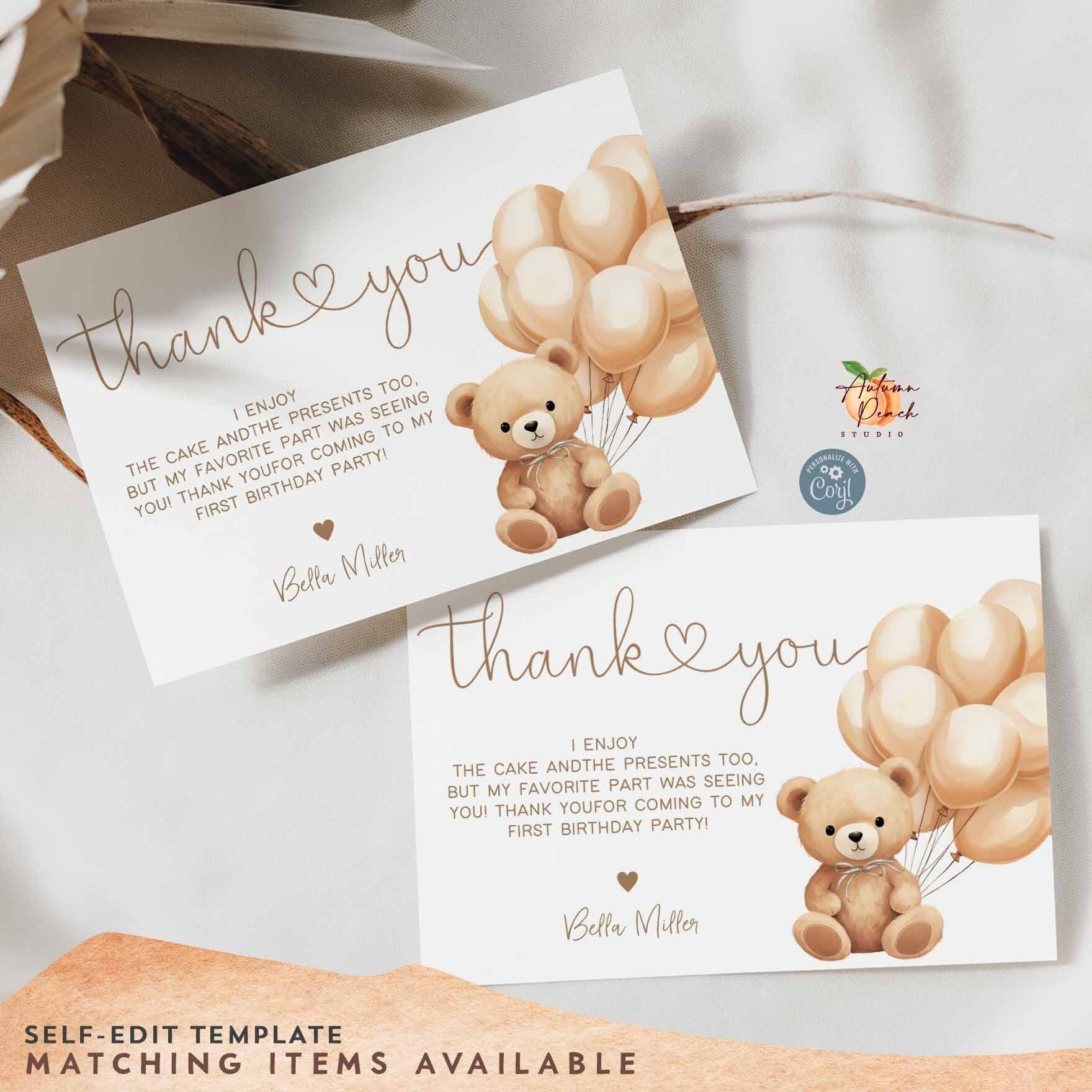 Editable Teddy Bear Balloon Beige Cream Thank You Flat Card Birthday ...