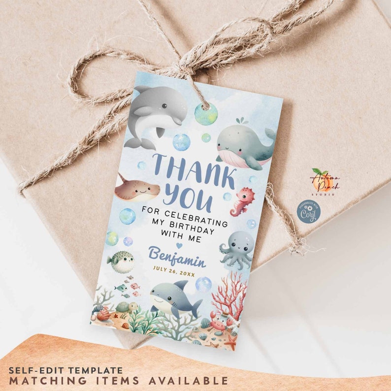 Editable Under the Sea Birthday Sea Animals Whale Dolphin Narwhal Thank ...