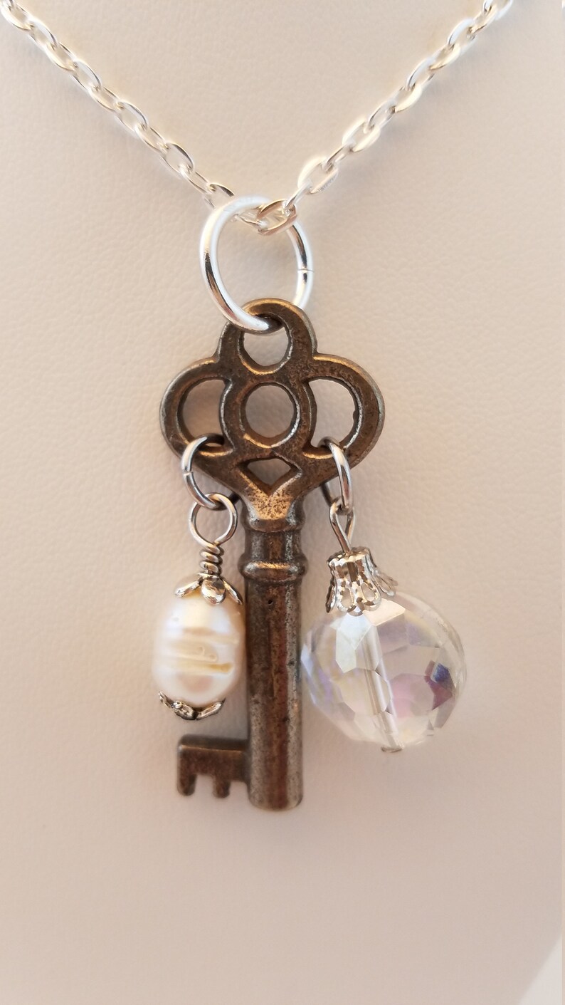 Vintage barrel key with cultured pearl and clear faceted | Etsy