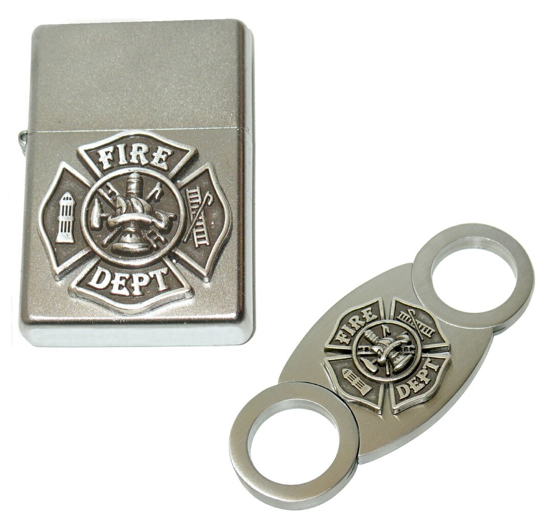 Firefighter Fireman Cigar Lighter & Cutter Gift Set Dual Torch Butane ...