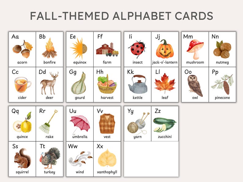 Fall-themed Printable Alphabet Cards | Autumn Homeschool Preschool ...