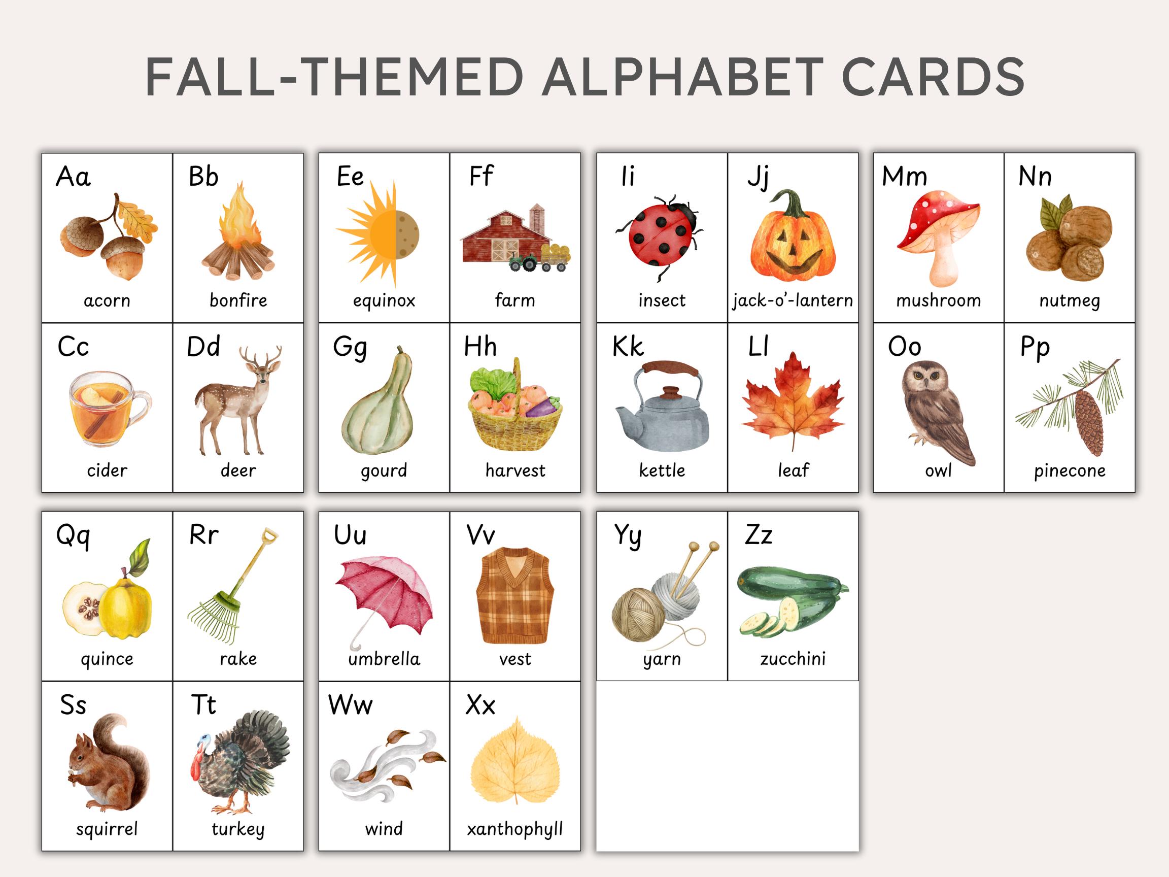 Fall-themed Printable Alphabet Cards | Autumn Homeschool Preschool ...