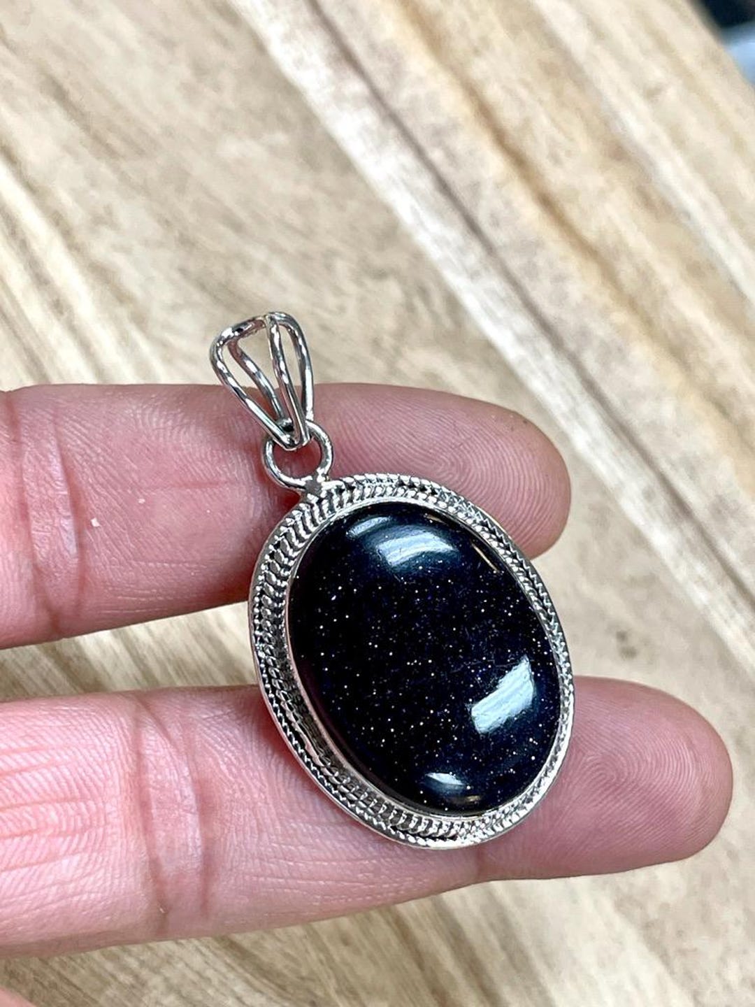 Blue Goldstone Pendant - .925 Sterling Silver and Goldstone Natural Gemstone Pendant - Flashy ...