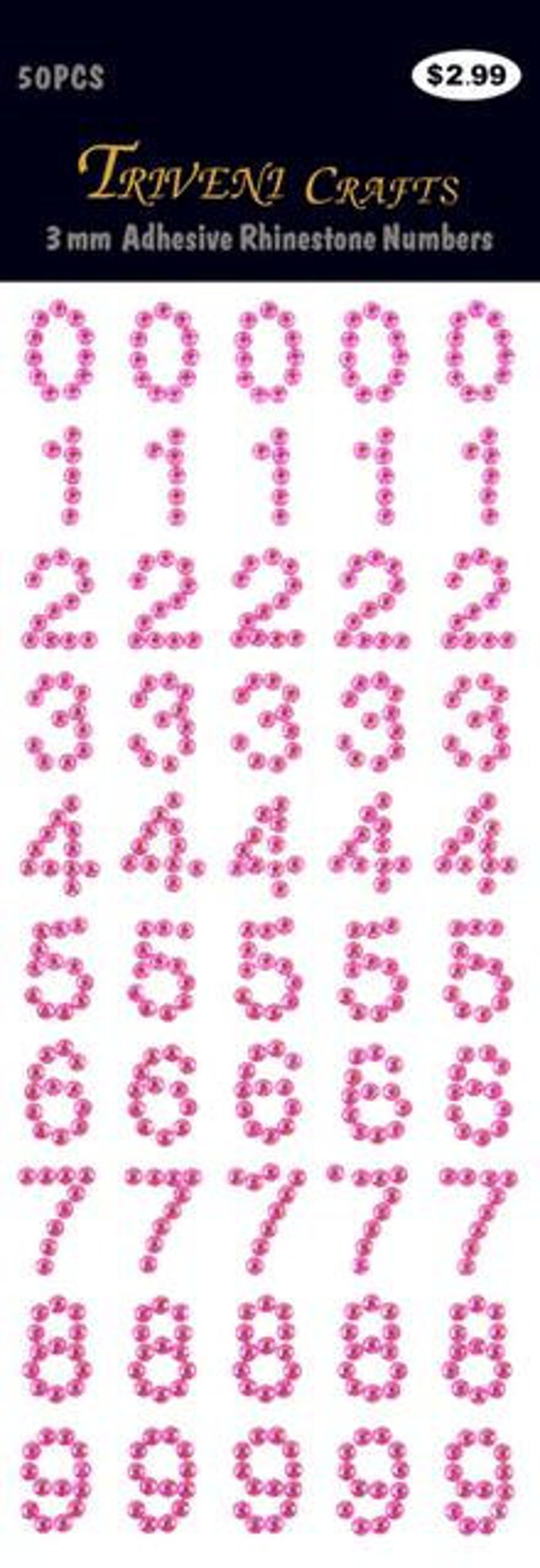 3 Sheets Rhinestone Number Stickers Pink 3mm Self Adhesive Stickers ...