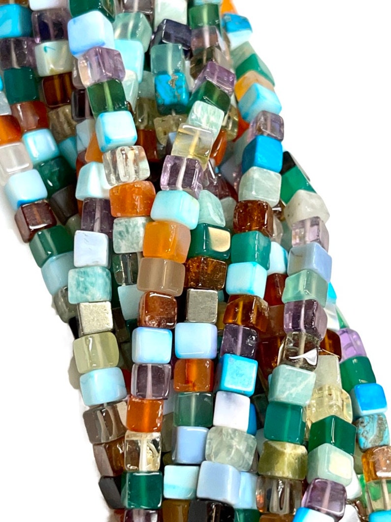 Mixed Gemstone Natural Gemstone Square Cube Shape Beads Strand Size 6mm ...