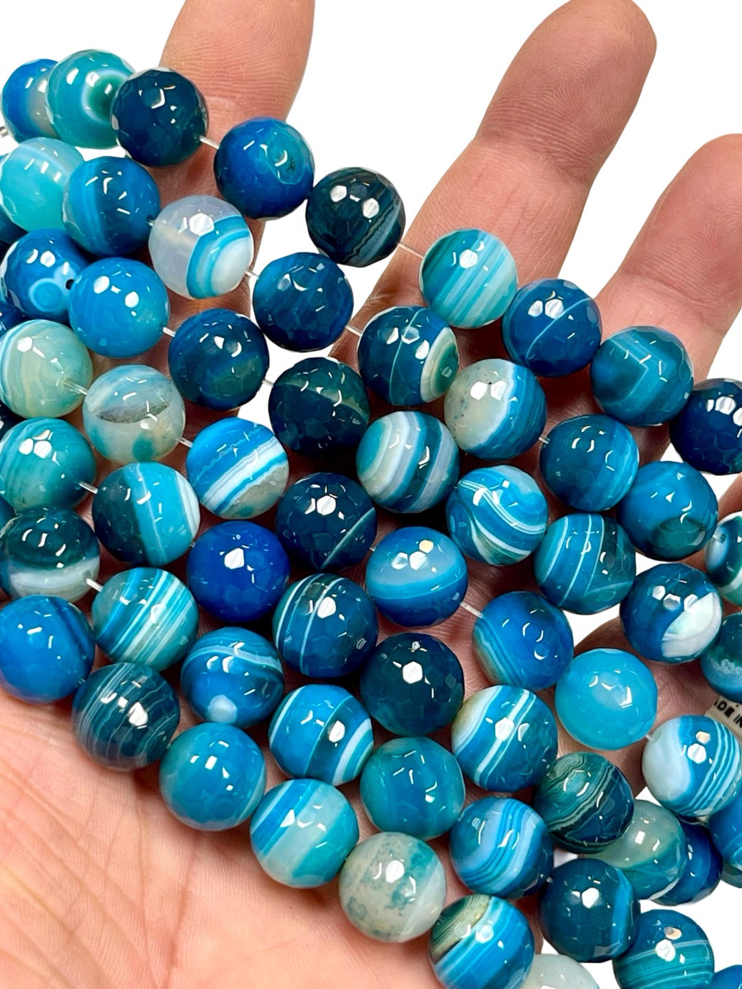 Blue Lagoon Faceted Agate 12mm Round Beads Strand, Ocean Stripe ...