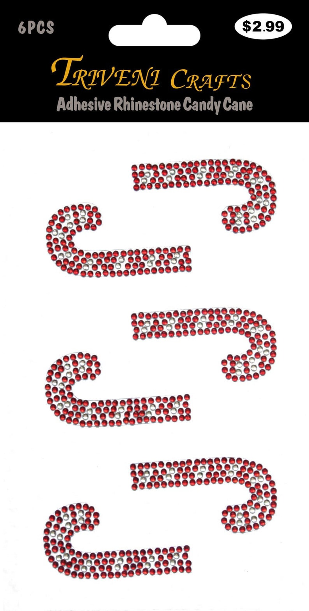 3 Sheet - Adhesive Rhinestone Candy Cane Stickers, Rhinestone Adhesive ...