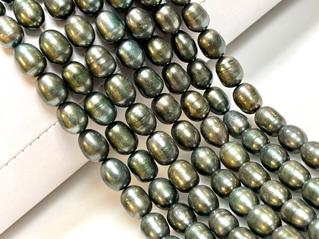 Natural Pearl Strand, Green Color Rice Oval Shape Pearls 9x7mm, Full 16 ...