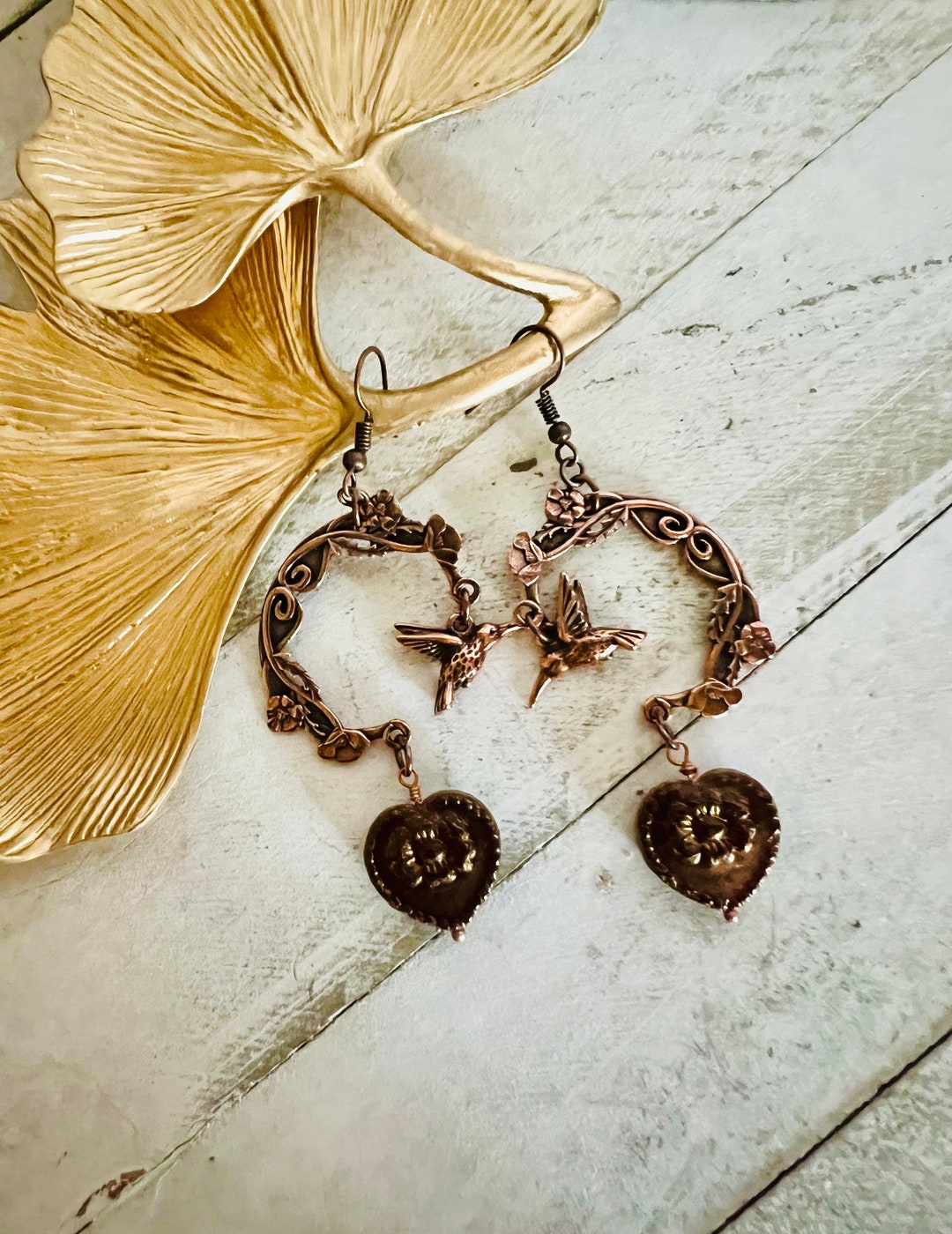 Copper Festoon With Hummingbird and Heart Pierced Earrings - Etsy