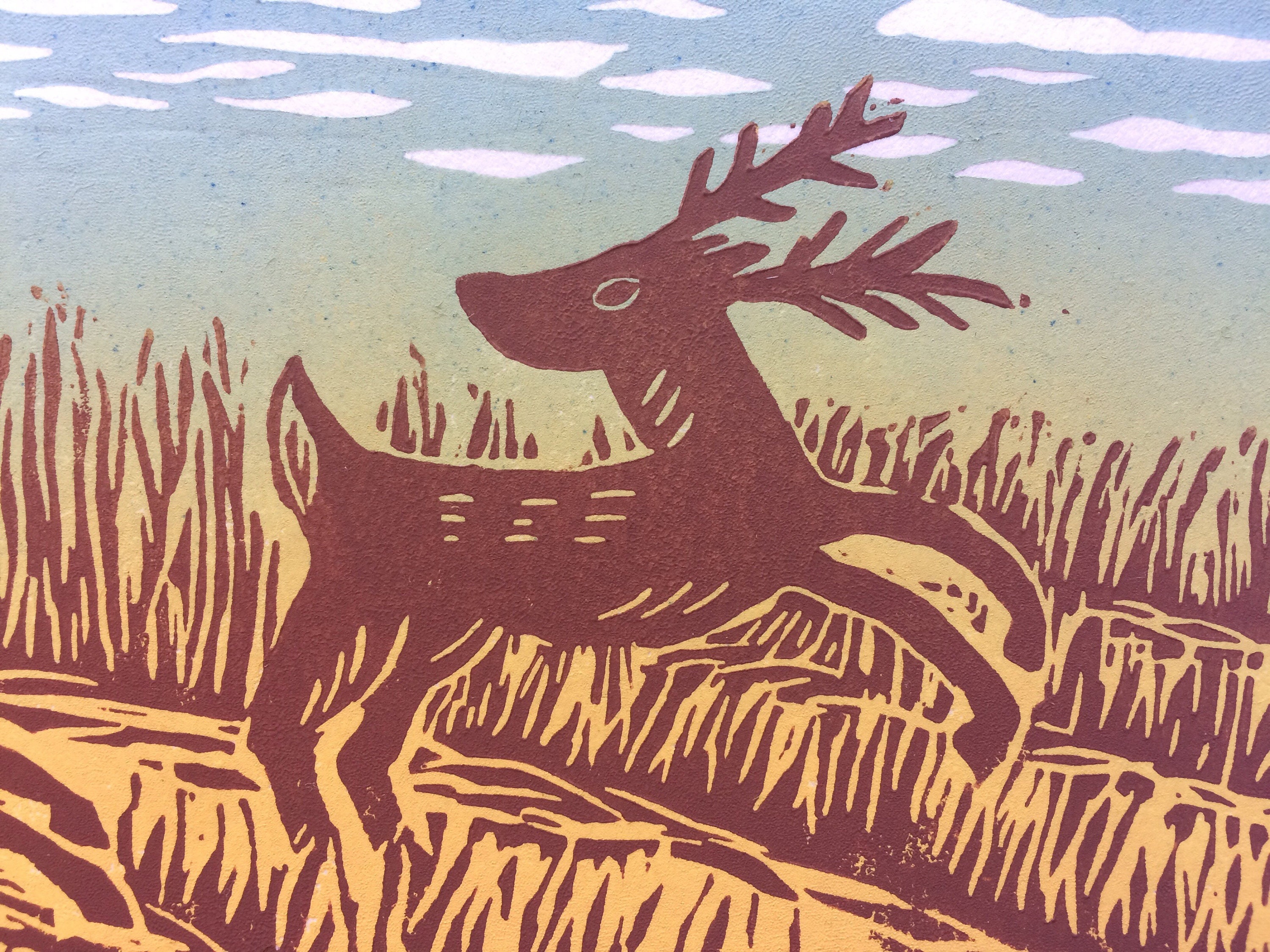 Deer Lino Print Wall Art Deer Running Through Fields of Gold - Etsy UK