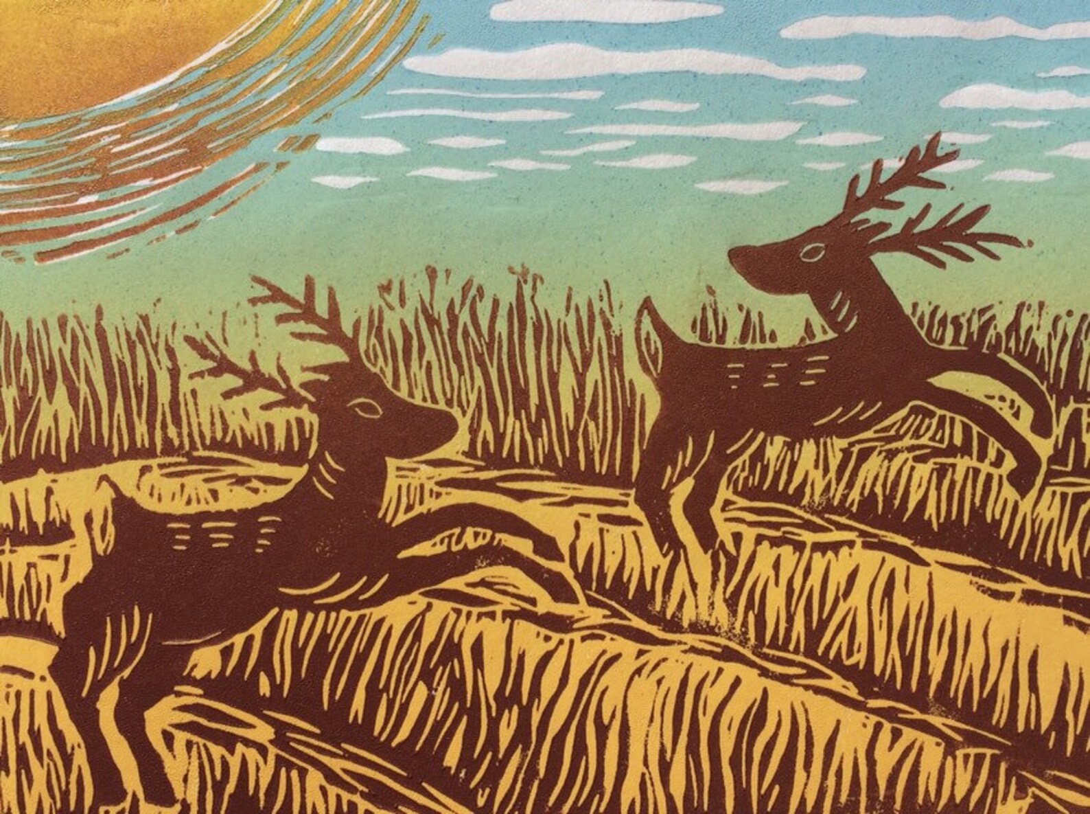 Deer Lino Print Wall Art Deer Running Through Fields of Gold - Etsy UK