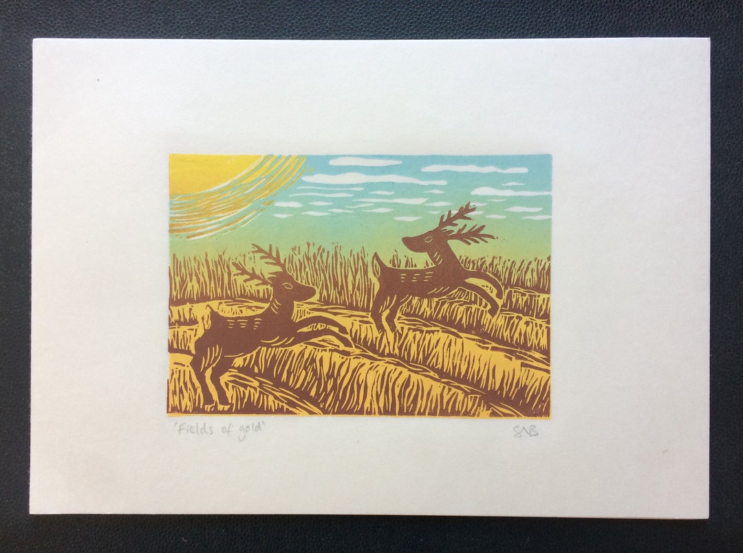 Deer Lino Print Wall Art Deer Running Through Fields of Gold - Etsy UK