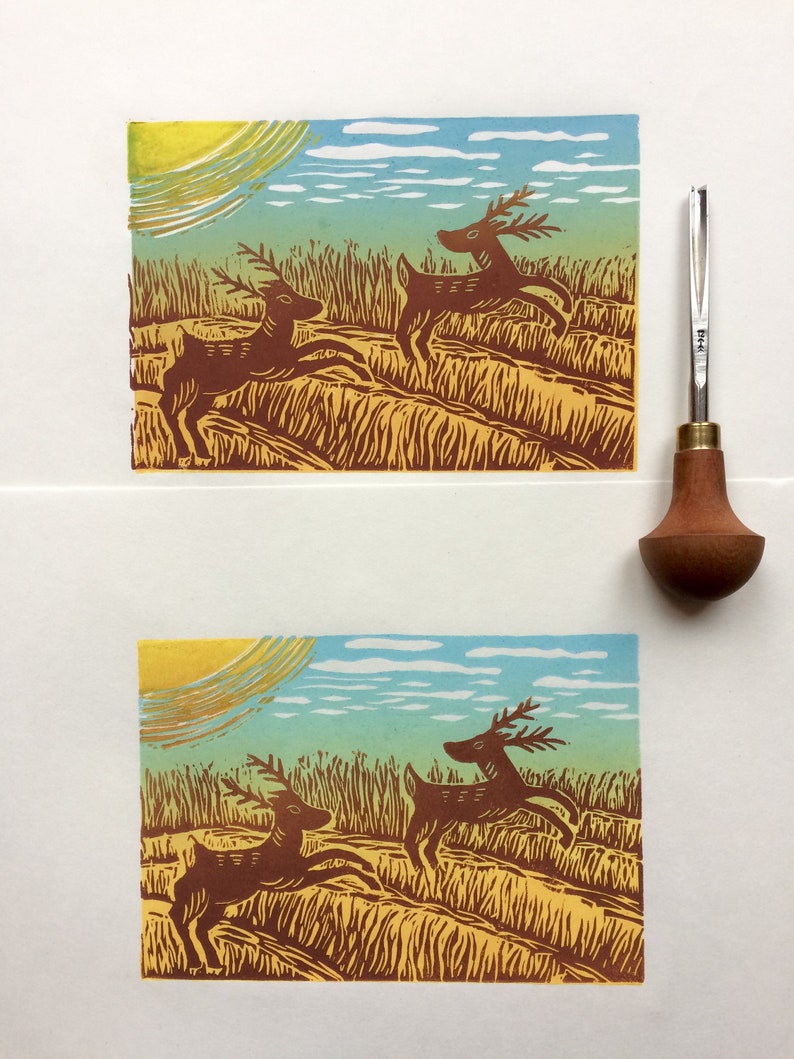 Deer Lino Print Wall Art Deer Running Through Fields of Gold - Etsy UK