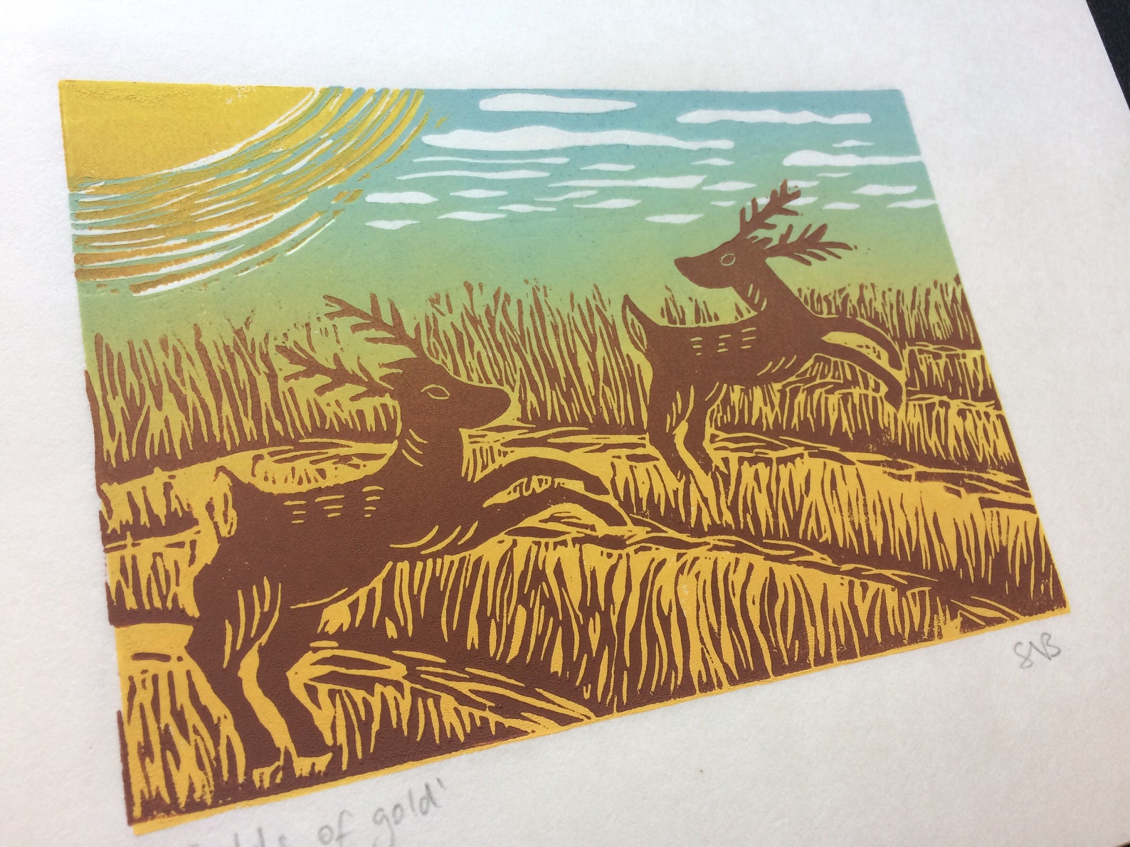 Deer Lino Print Wall Art Deer Running Through Fields of Gold - Etsy UK