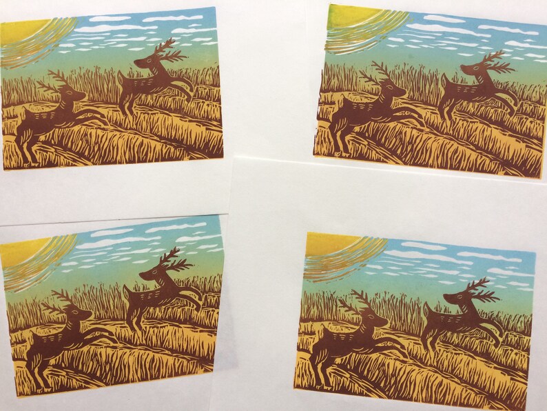 Deer Lino Print Wall Art Deer Running Through Fields of Gold - Etsy UK