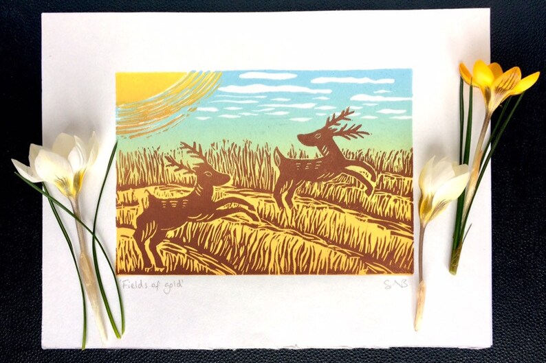 Deer Lino Print Wall Art Deer Running Through Fields of Gold - Etsy UK