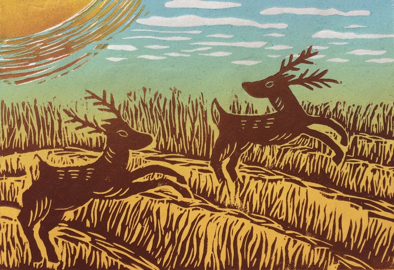 Deer Lino Print Wall Art Deer Running Through Fields of Gold - Etsy UK
