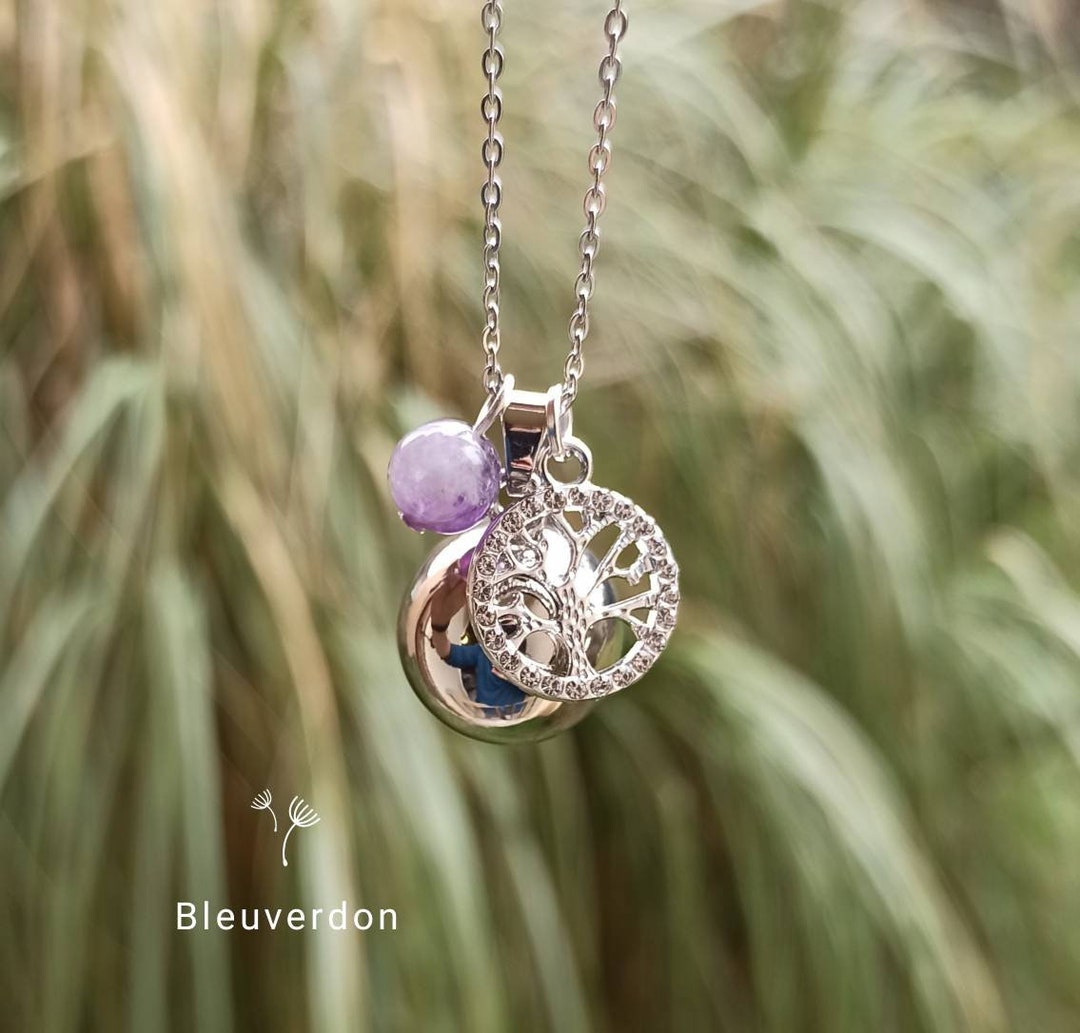 Silver Pregnancy Bola Tree of Life and Amethyst Bead. Stainless Steel ...