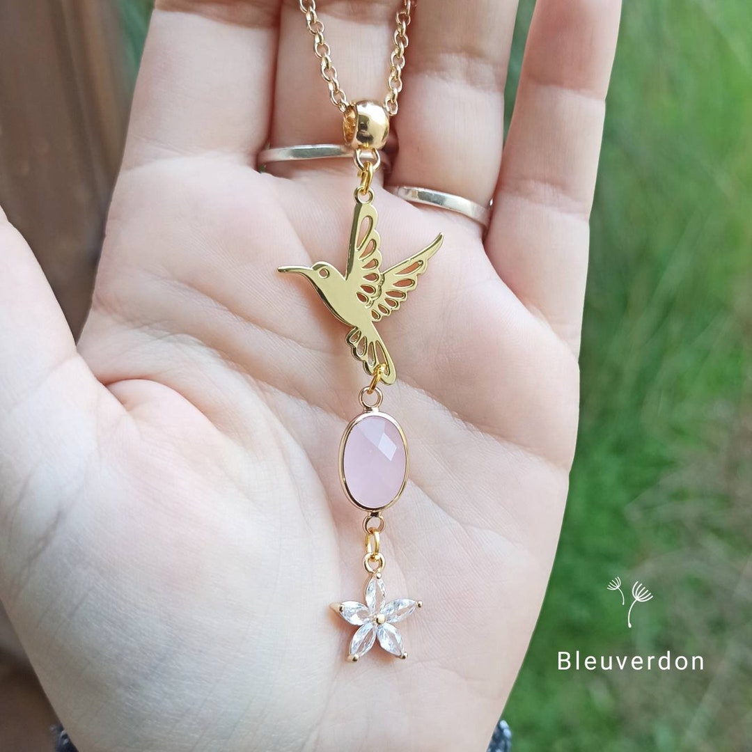 Collier colibri doré et fleur à strass - Etsy France