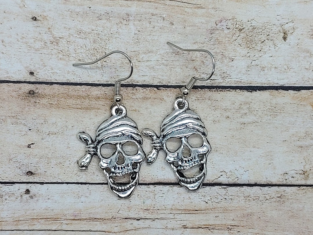 Pirate Skull Earrings - Silver Skull Earrings - Dangle Earrings ...