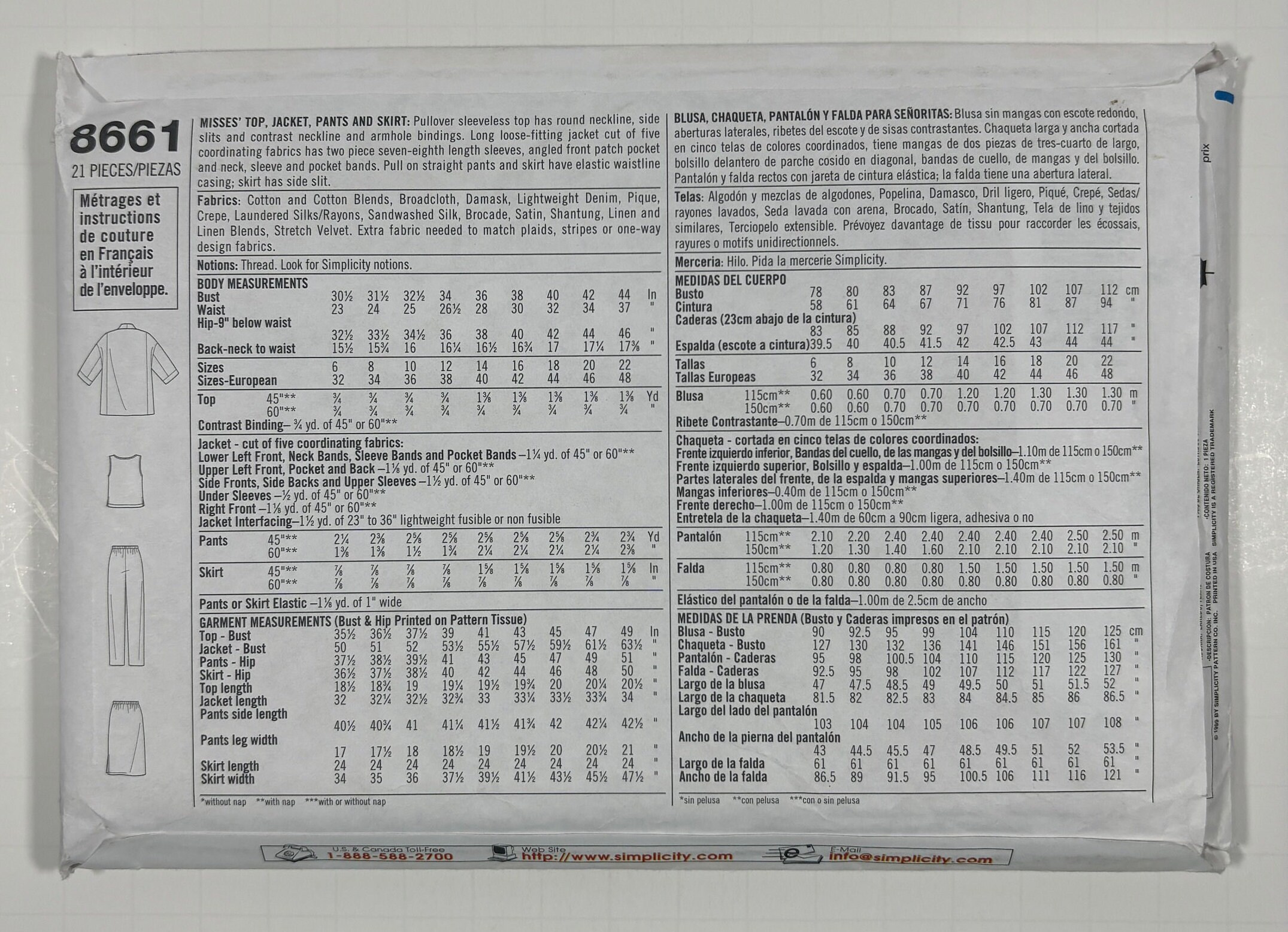 Simplicity 8661 Uncut FF Misses Sizes 6,8,10 Top, Jacket, Pants and ...