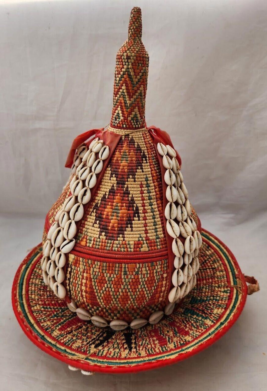 Vintage African Ethiopian Lidded Harari Woven Basket Cowrie Shells W ...