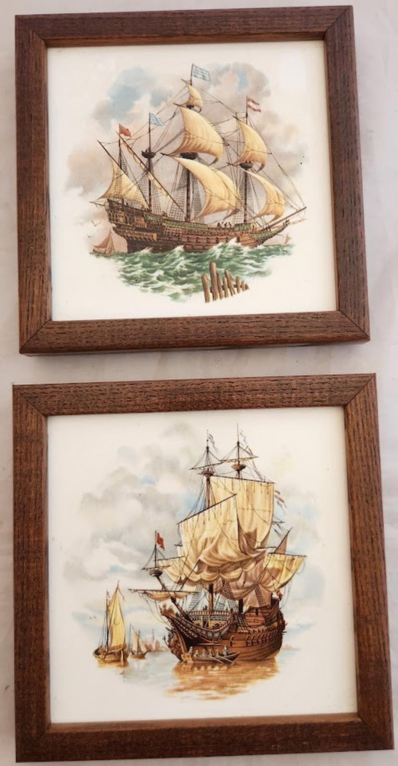 Vintage Set 2 Clipper Ship Tiles Trivet in Wood Frames 7x7" Beach ...
