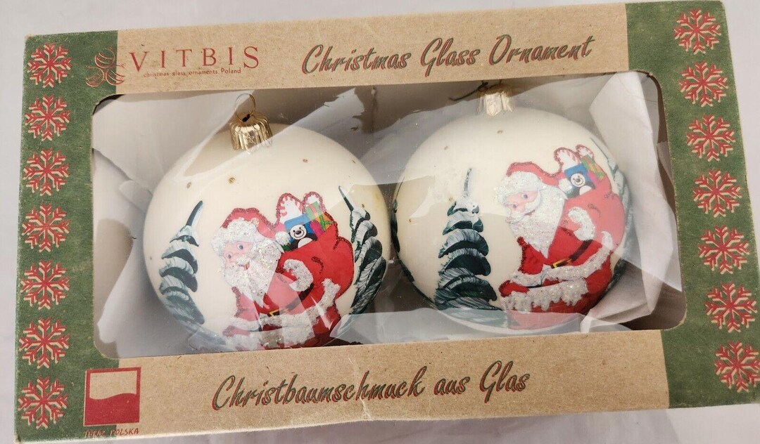 Set 2 Vitbis Poland Large Santa Glitter Christmas Tree Glass Ornaments ...